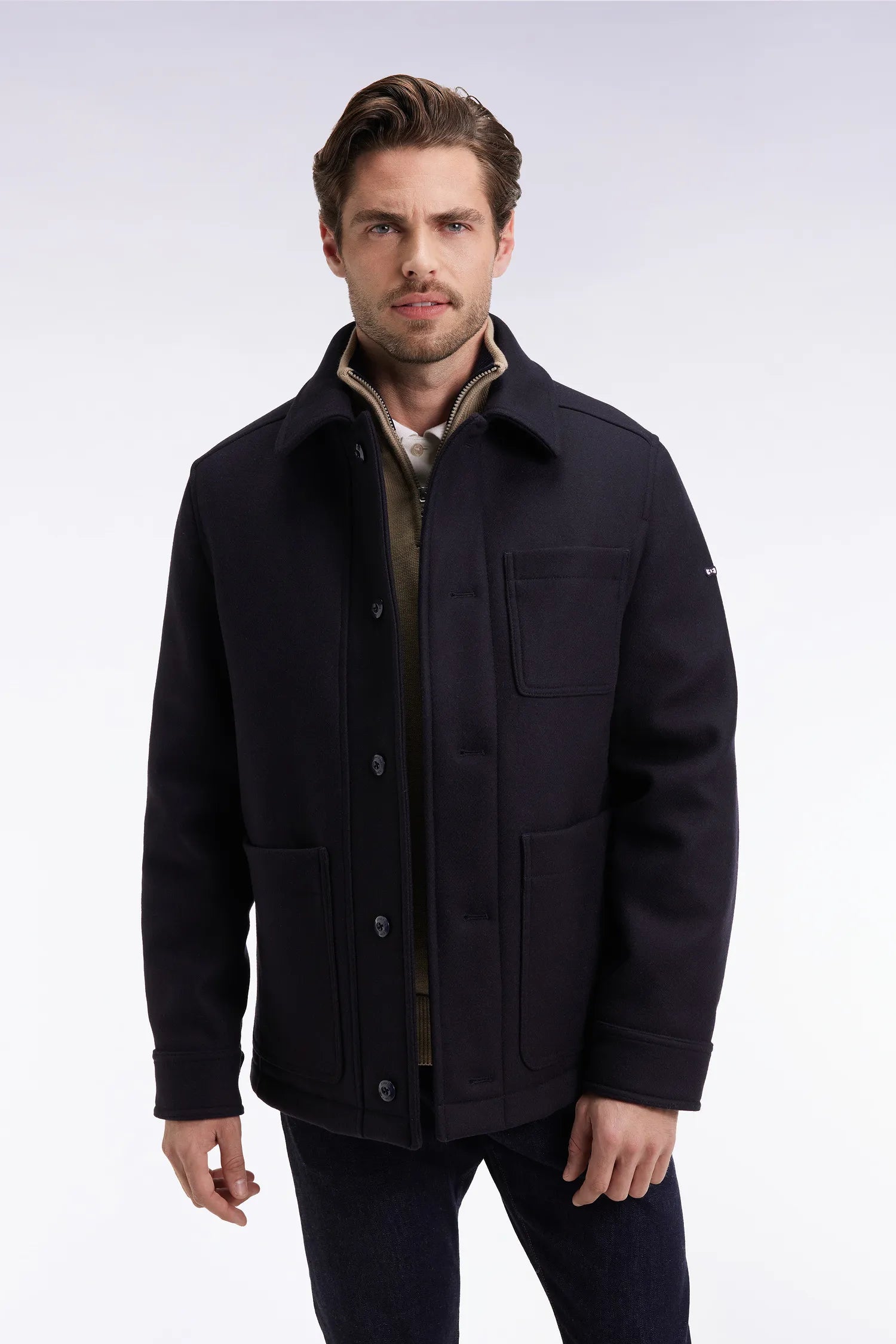 Buy Zipped Navy Wool Twill Overshirt with Patch Pockets – Eden Park in ...